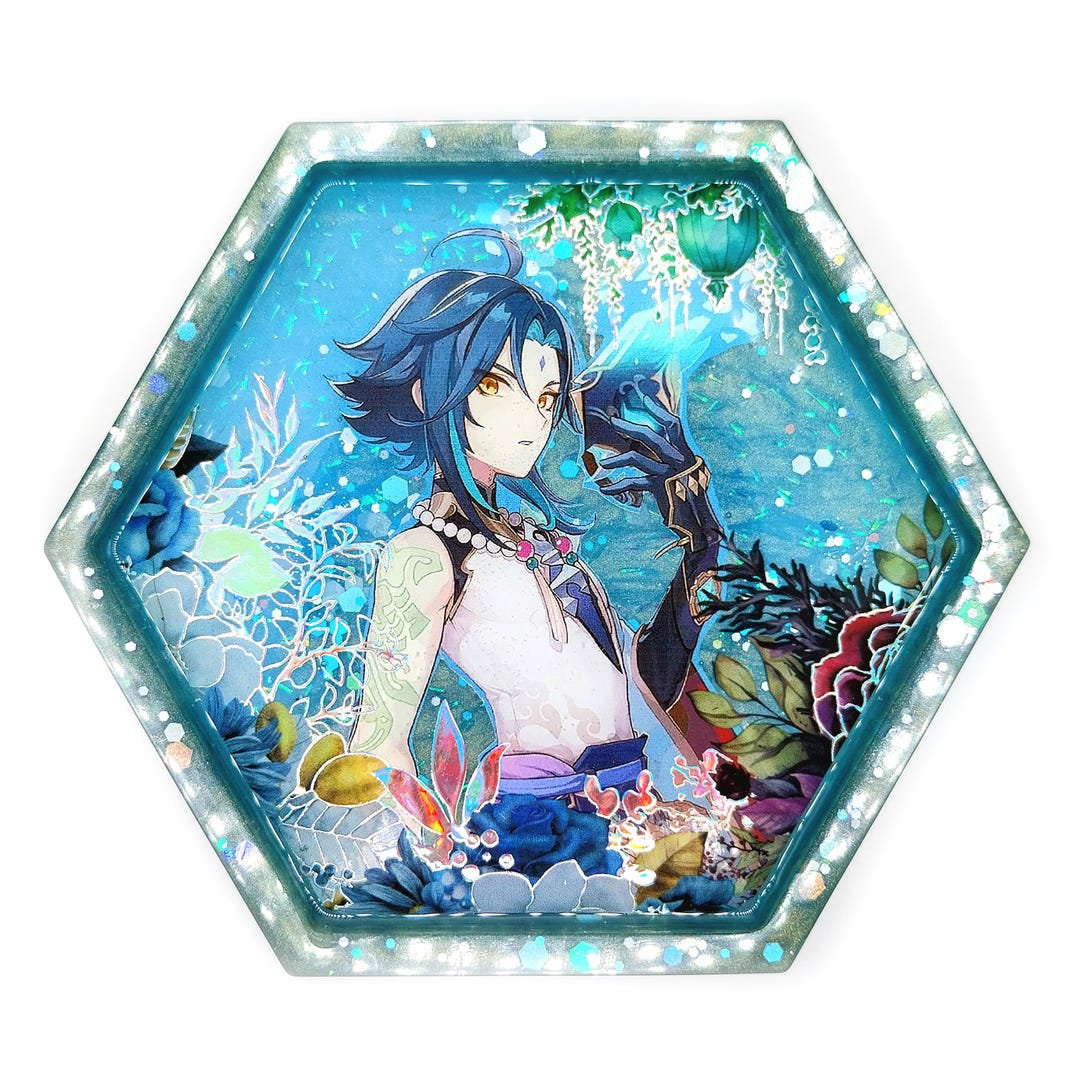 Xiao Inspired Tray Blue Resin Hexagon Flower Glitter Coaster Genshin ...