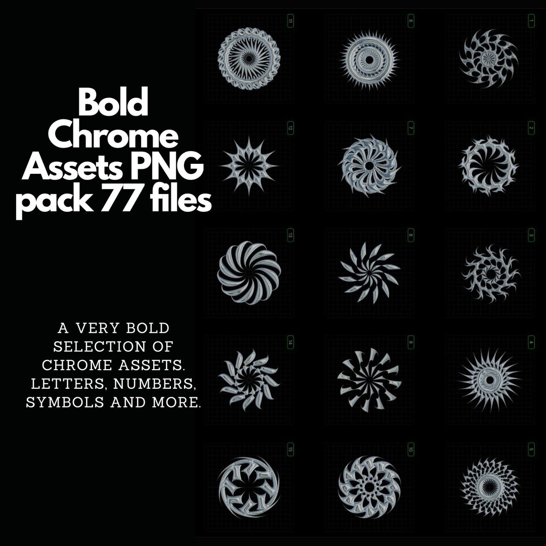 Bold Chrome Assets PNG Pack 77 Files Letters, Numbers, Symbols, Icons ...