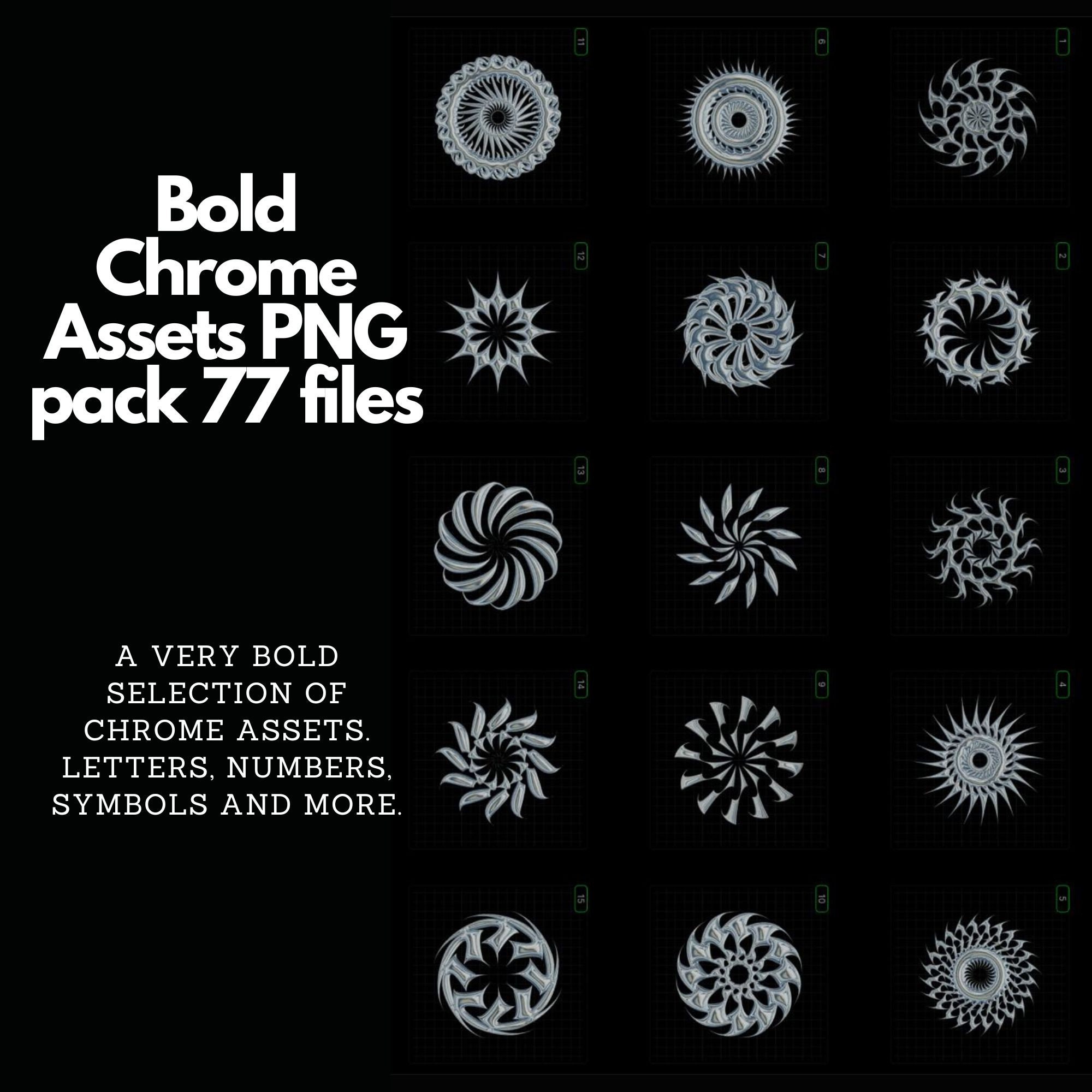 Bold Chrome Assets PNG Pack 77 Files Letters, Numbers, Symbols, Icons ...