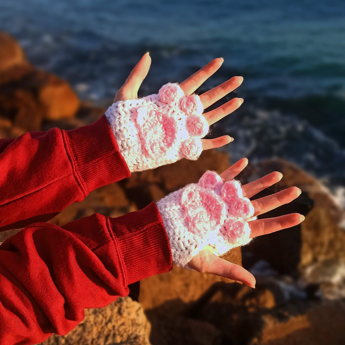 Handmade Crochet Cat Paws Mittens, Cat Fingerless Gloves, Gift for Girl ...