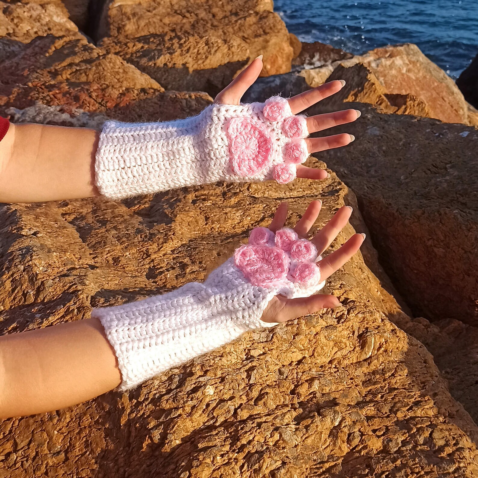 Handmade Crochet Cat Paws Mittens, Cat Fingerless Gloves, Gift for Girl ...