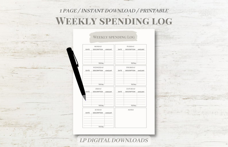 Weekly Spending Log Printable Template | Weekly Budget | Spending ...