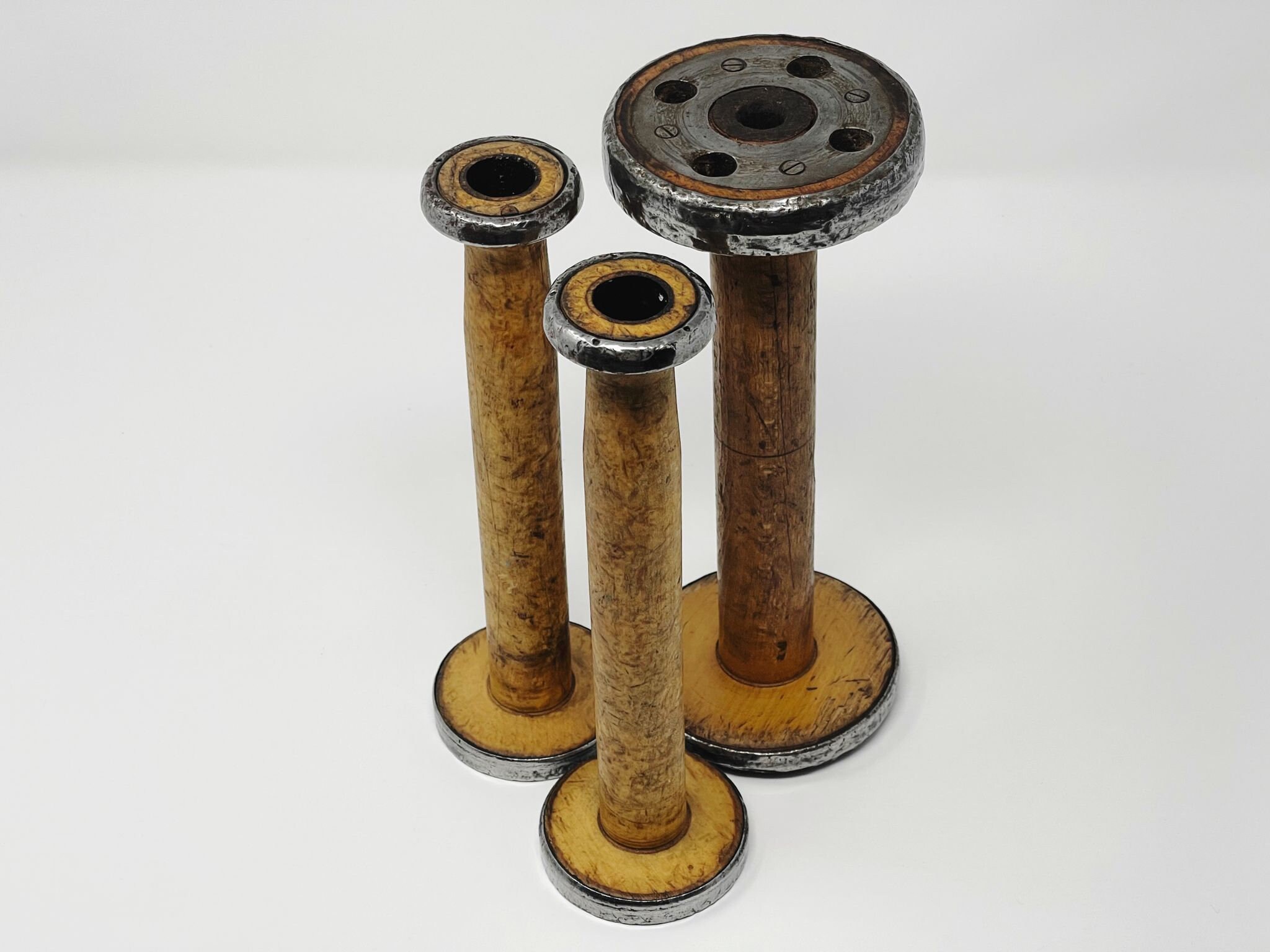Industrial Textile Spool, Vintage Wooden Spinning Bobbins, Set of 3 ...