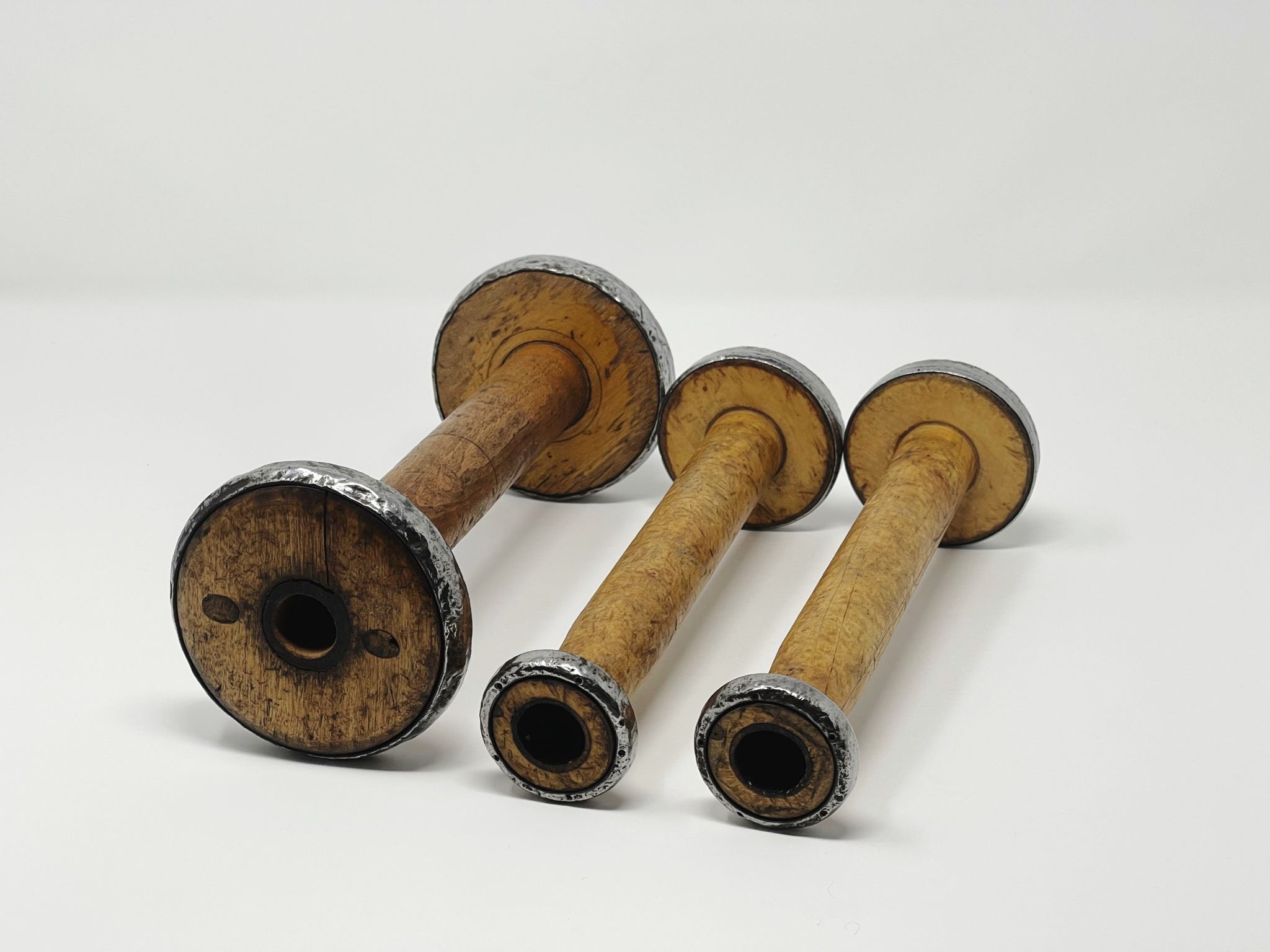 Industrial Textile Spool, Vintage Wooden Spinning Bobbins, Set of 3 ...