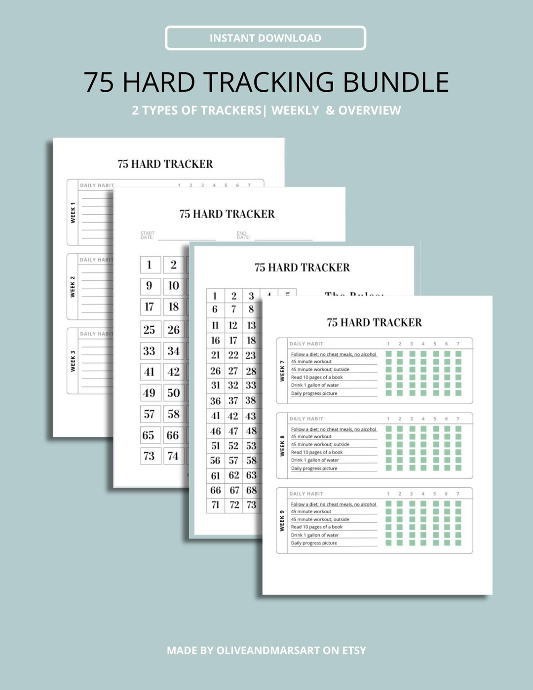 75 Hard Habit Tracker, 75 Hard Checklist, 75 Hard Challenge Printable ...