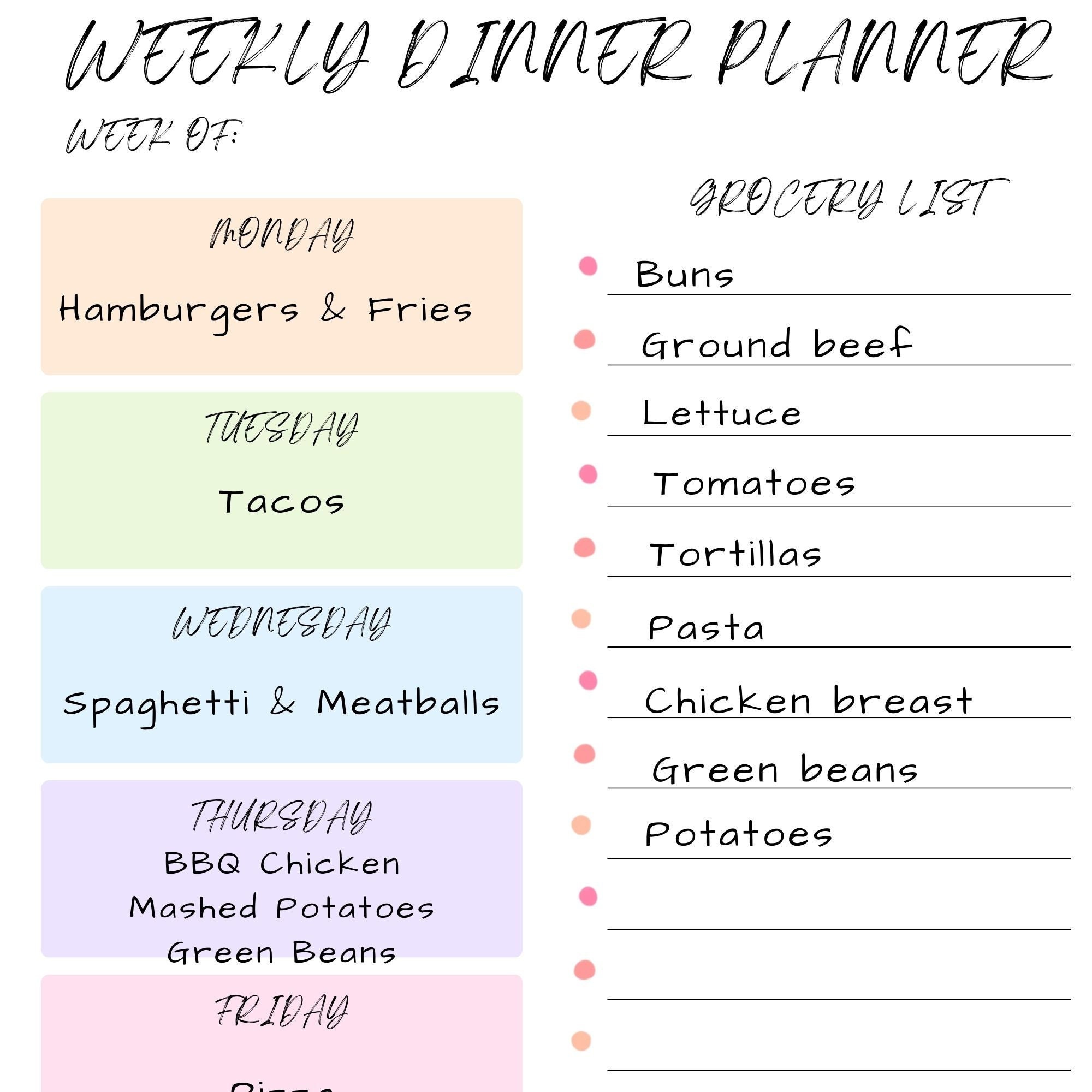 Dinner Planner, Printable Meal Planner, Meal Planner With Grocery List ...