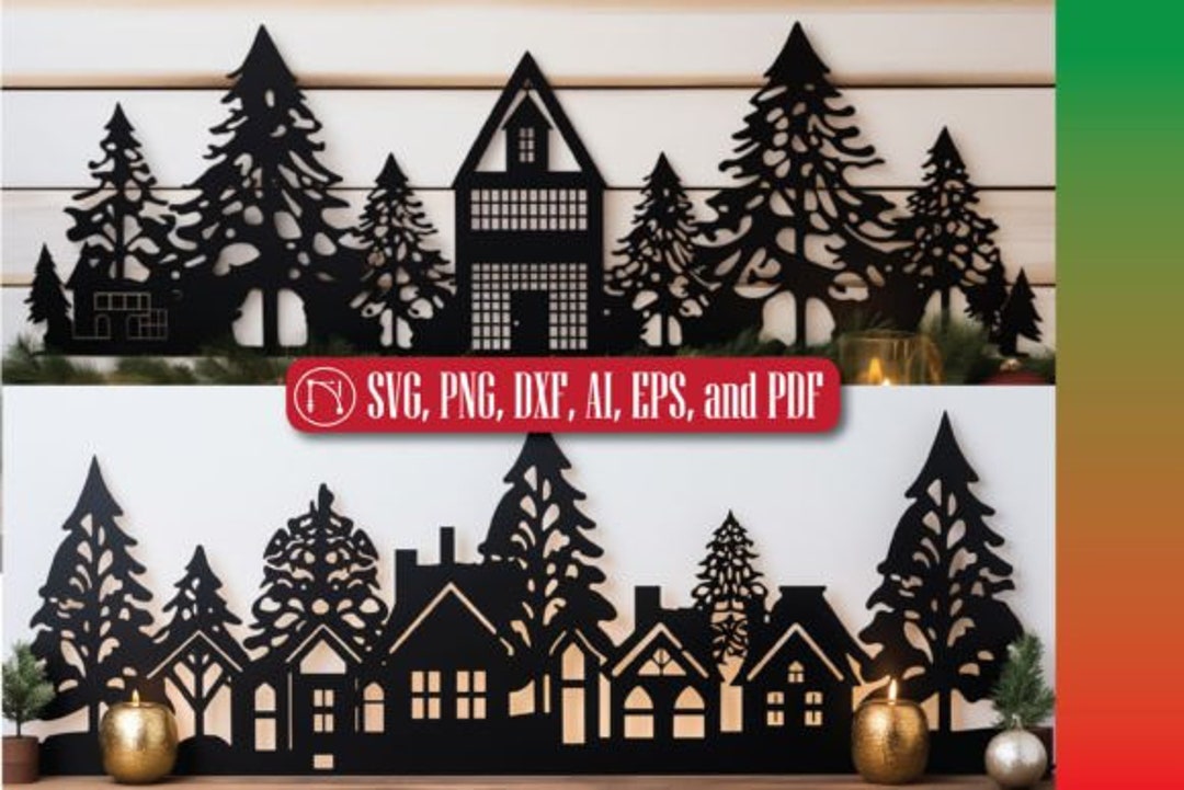 Christmas Village Silhouette Wood Digital Download, Holiday Wall Art ...