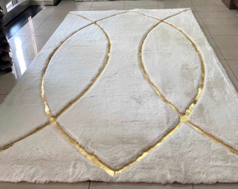 White and Gold Plush Fluffy Rug, White Faux Leather Fur Area Rug, White ...