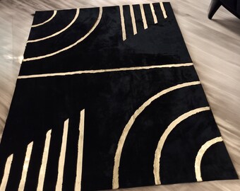 Luxury Black Gold Plush Area Rug, Faux Leather Living Room Rug Large ...