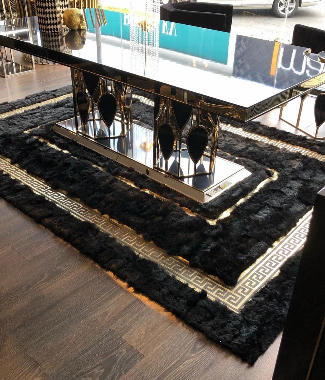 Luxury Large Black Gold Wool Living Room Rug 6X8, Sheepskin Black Gold ...