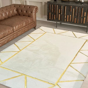 White and Gold Plush Fluffy Rug, White Faux Leather Fur Area Rug, White ...