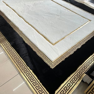 Plush Area Black White Gold Soft Rug, Faux Leather Rug, Living Room ...