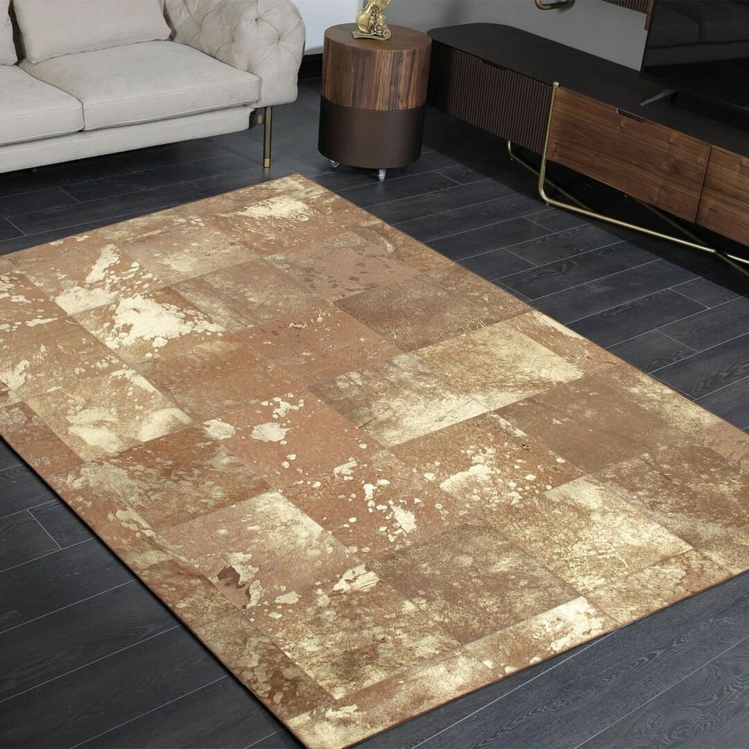 Gold Patchwork Genuine Cowhide Rug, Leather Gold Rug, Leather Area Rug ...