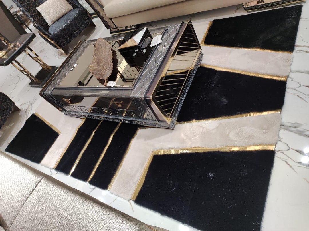 Plush Black Cream Gold Geometric Living Room Rug Faux Leather - Etsy
