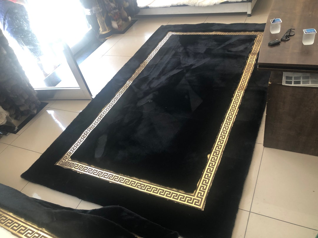 Black and Gold Plush Rug, Black Bedroom Rug, Black Gold Carpet, Black ...