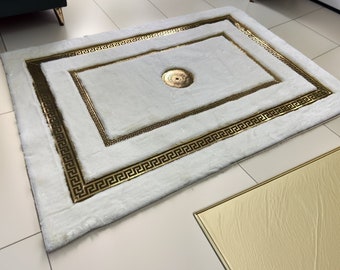 Plush Black Gold Geometric Living Room Rug Faux Leather - Etsy