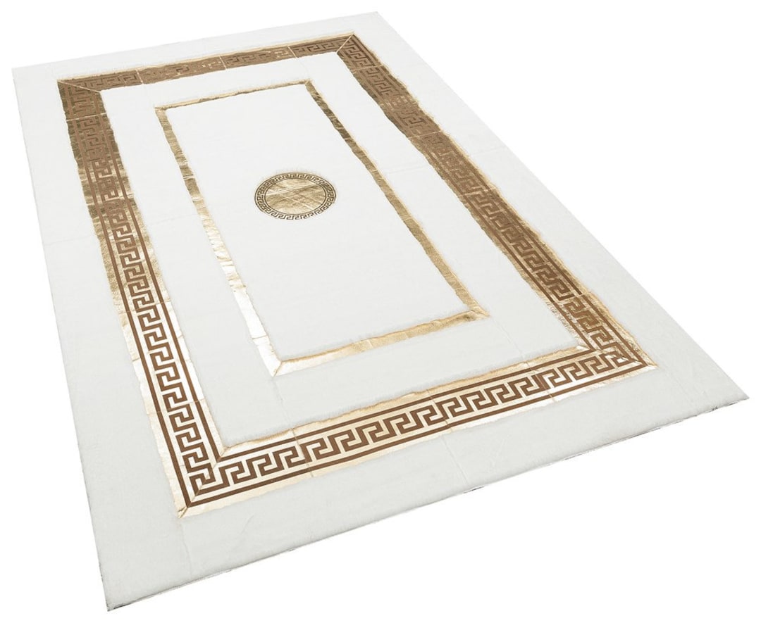 White and Gold Plush Rug, Whitefaux Leather Area Rug, White and Gold ...