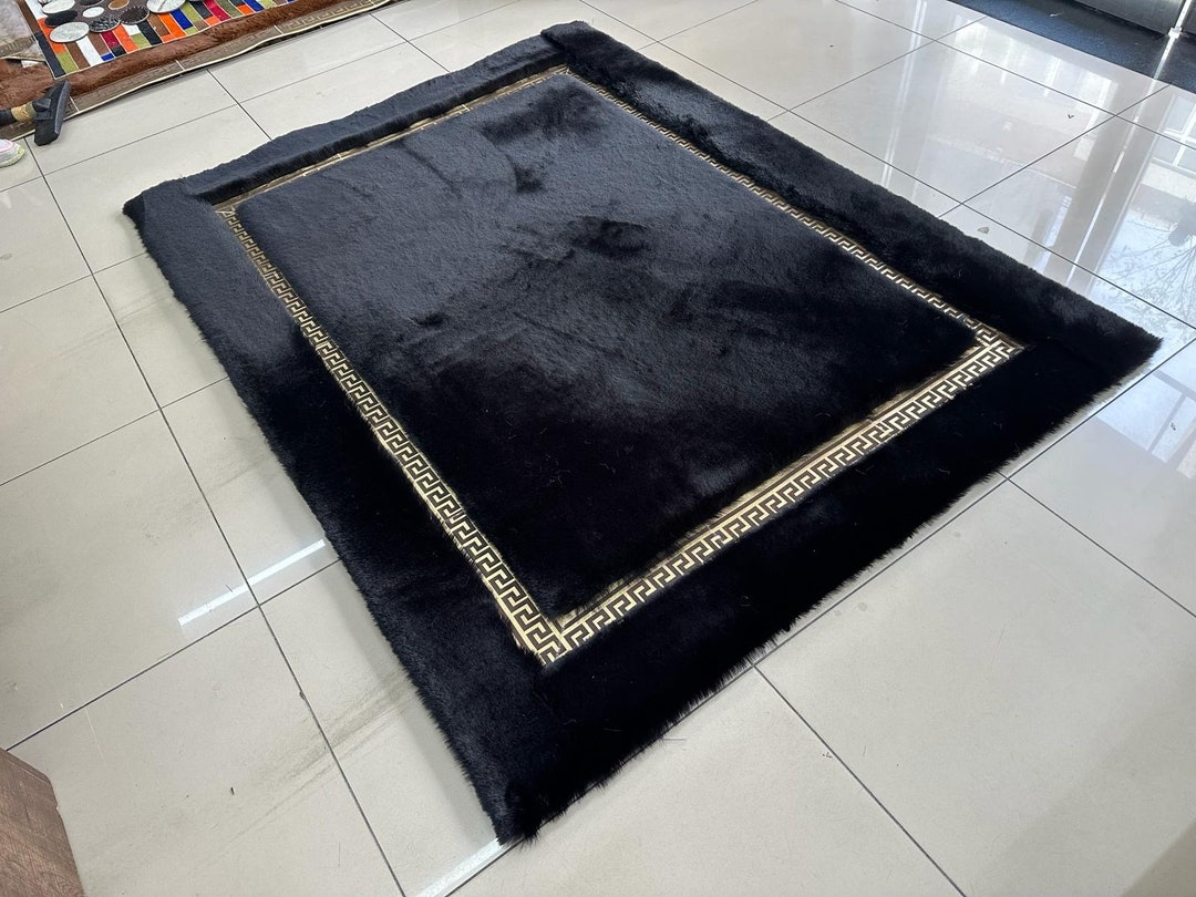 Faux Fur Black Fluffy Plush Rug, Black Gold Modern Area Rug, Square ...