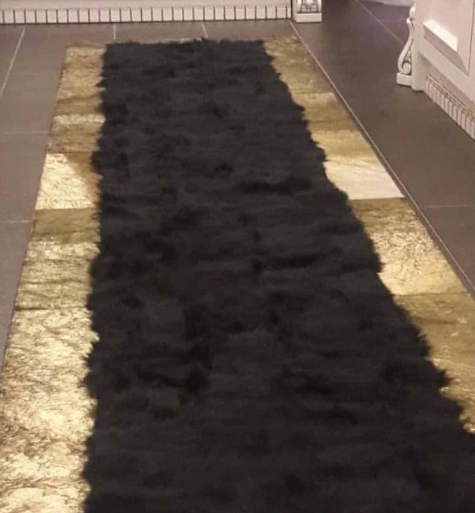 Luxury Black Gold Natural Sheepskin Hallway Runner Rug, Black Sheepskin ...