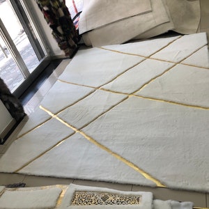 Geometric Faux Fur Area White Gold Rug Plush White Living - Etsy