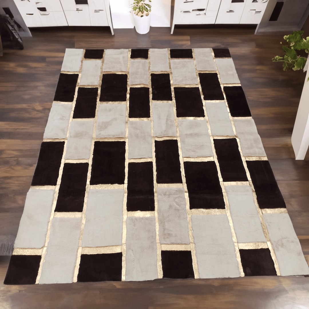 Soft Plush Luxury 8x10 Rug, White Black Gold Faux Leather Unique Rug ...