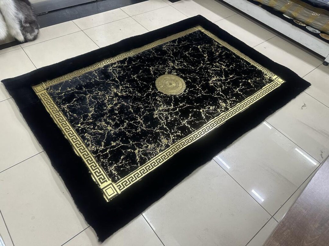 Modern Plush Faux Fur Area Black Gold Soft Rug, Designer 5x8 Living ...
