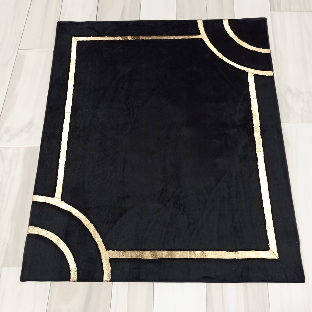 Plush Faux Leather Black Gold Area Rug, Black Living Room Rug ...