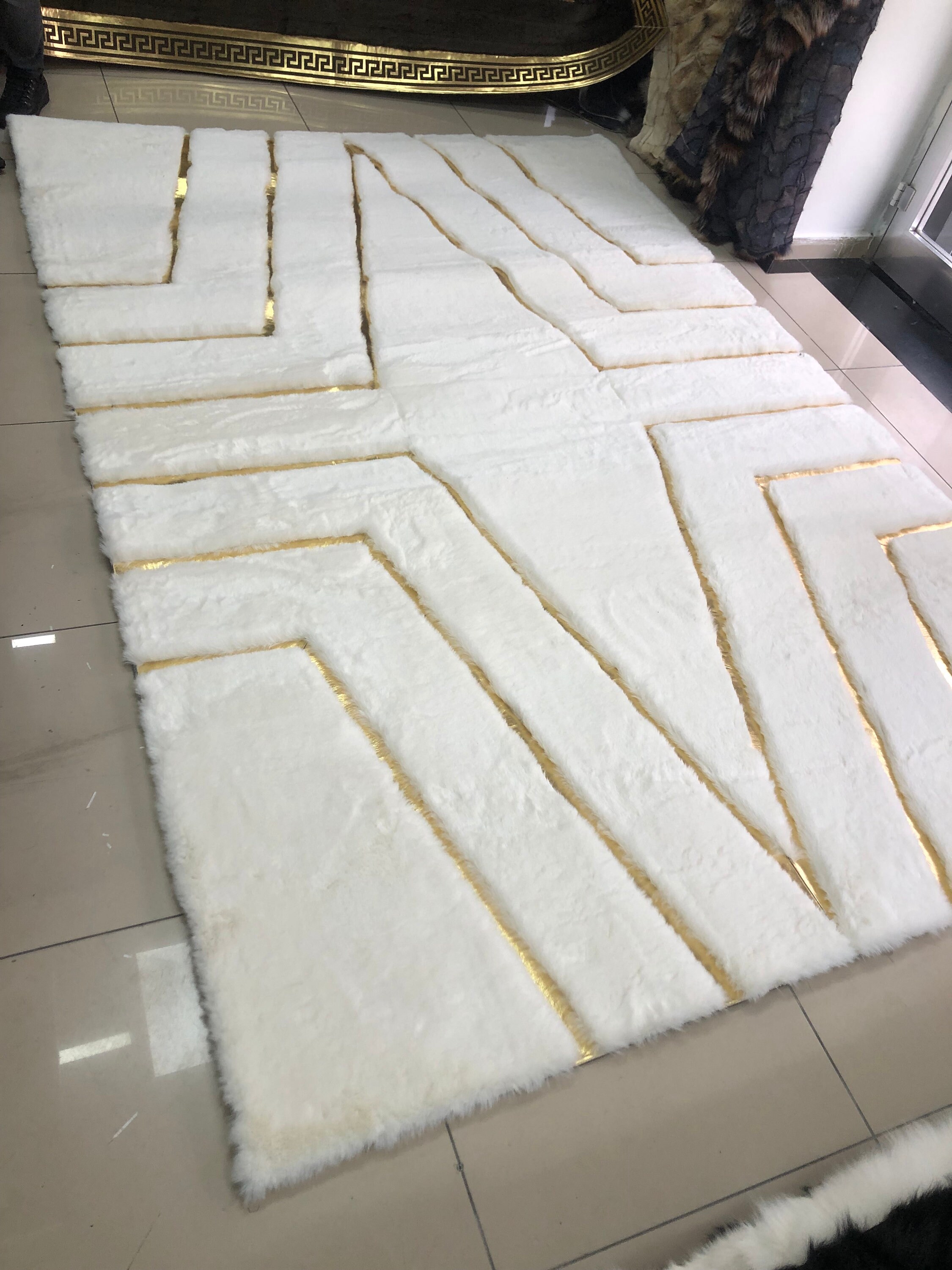 White and Gold Plush Rug White Faux Leather Area Rug White - Etsy