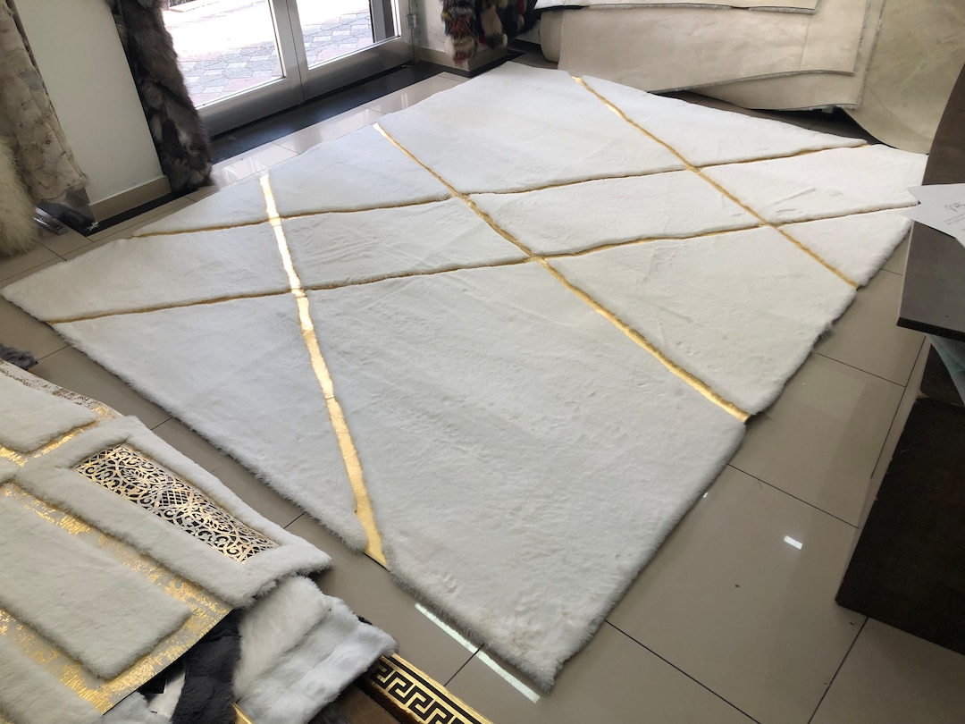 Geometric Faux Fur Area White Gold Rug Plush White Living - Etsy