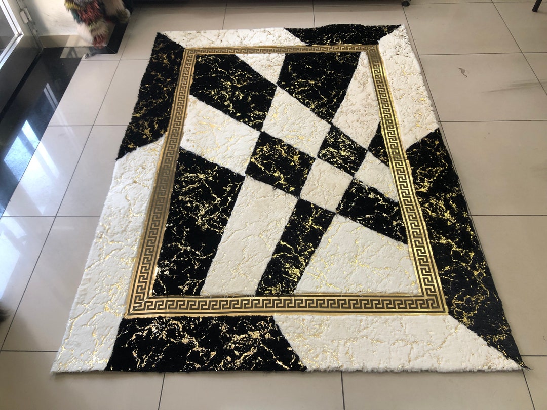 Geometric Plush Area White Gold Rug, Faux Fur Designer Living Room ...