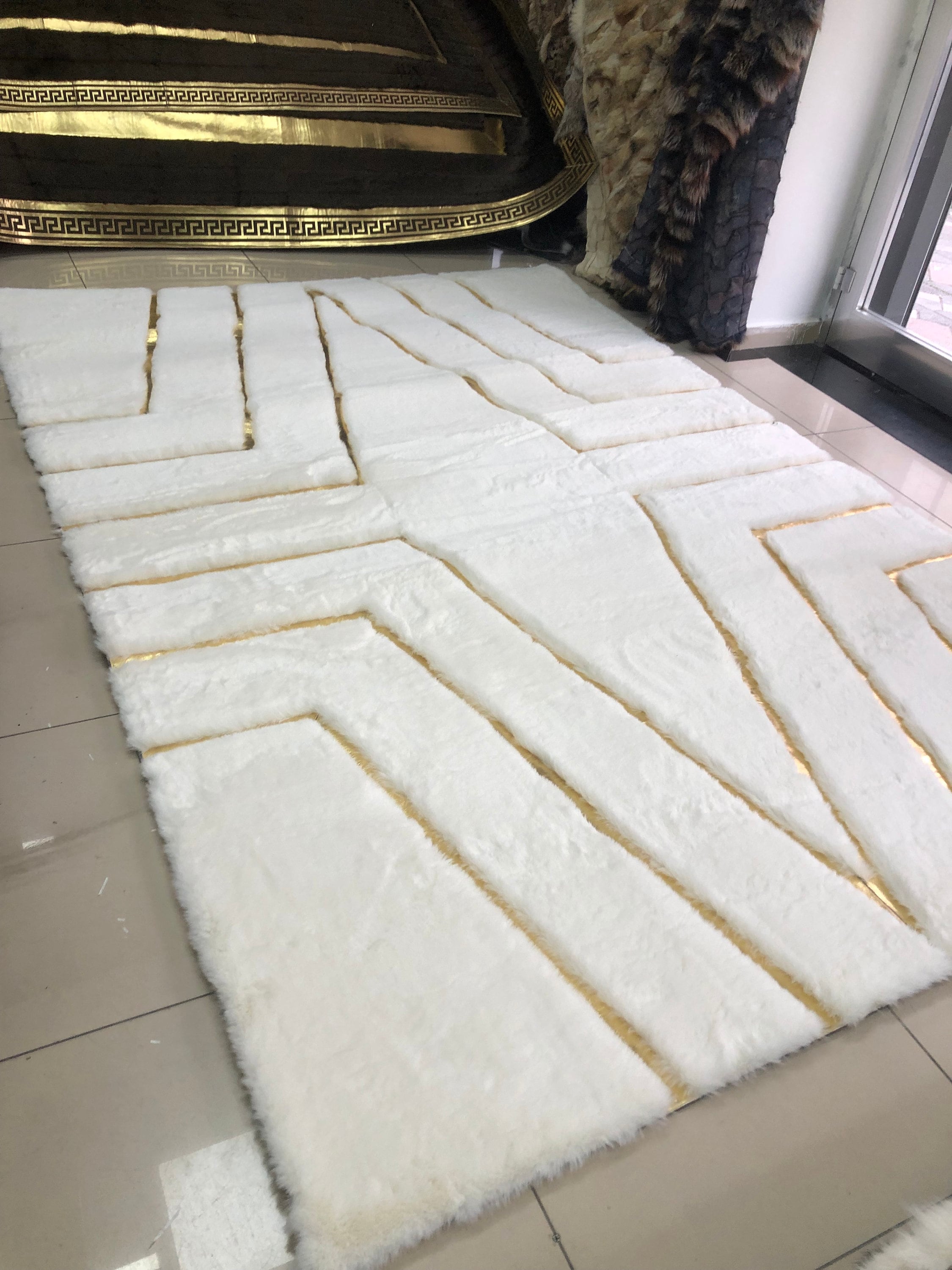 White and Gold Plush Rug White Faux Leather Area Rug White - Etsy