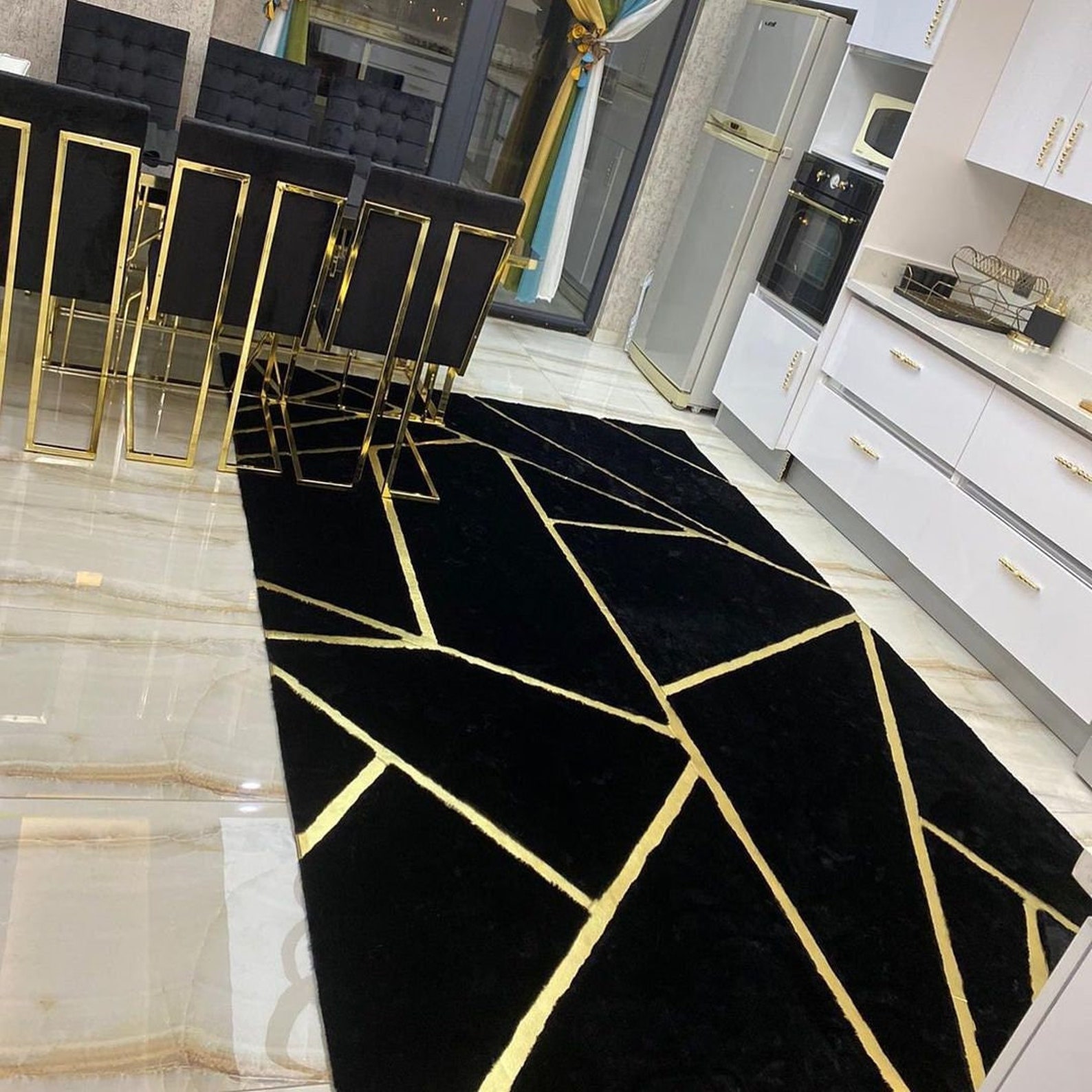 Plush Faux Leather Black Gold Kitchen Rug Black Faux Leather - Etsy