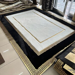 Plush Area Black White Gold Soft Rug, Faux Leather Rug, Living Room ...