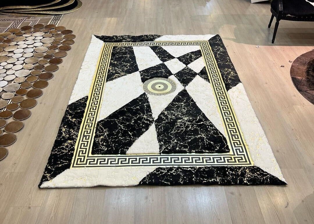 Geometric Faux Leather Plush Area Rug, Bedroom Office Carpet, White ...