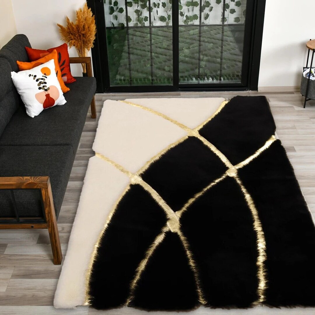 Geometric Plush Area White Black Gold Rug Faux Leather Rug - Etsy Australia