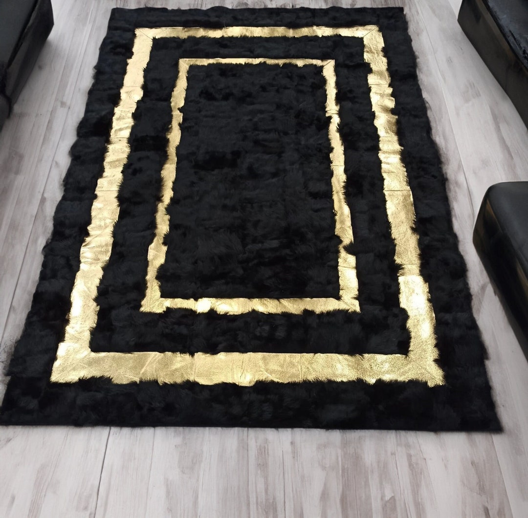 Luxury Black Gold Soft Sheepskin High Quality Area Rug 6X8, Geometric ...