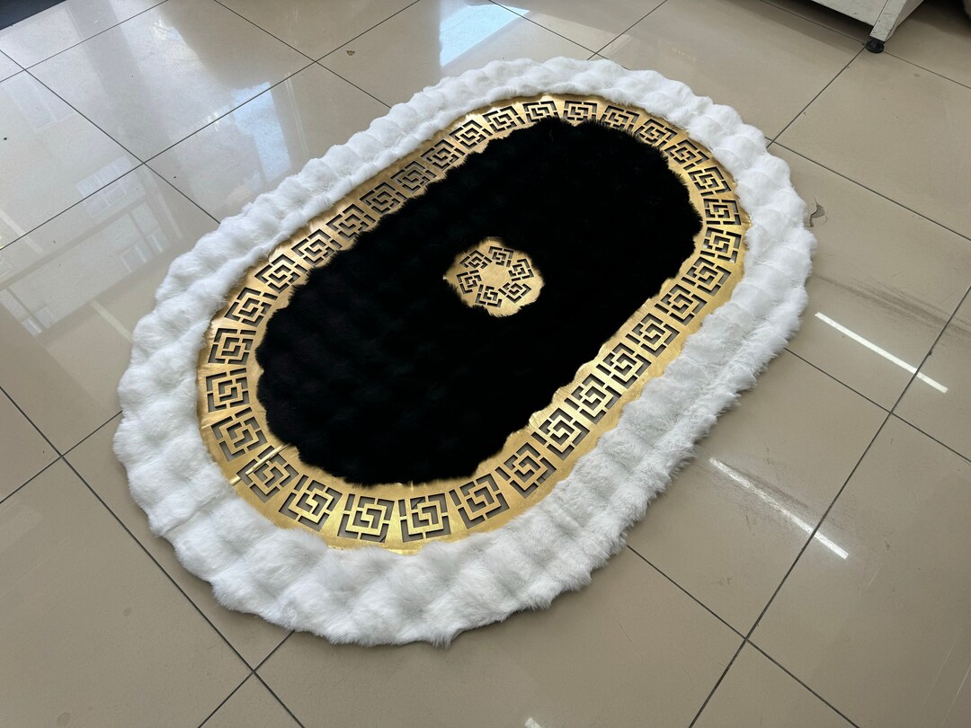 Oval Black Gold Plush Luxury Rug, White Faux Fur Area Oval Rug, White ...