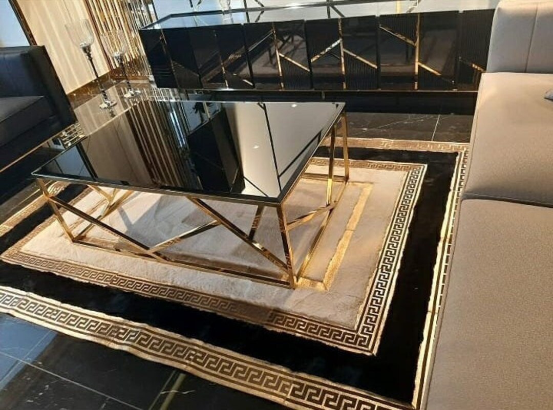 Plush Area Black White Gold Soft Rug, Faux Leather Rug, Living Room ...