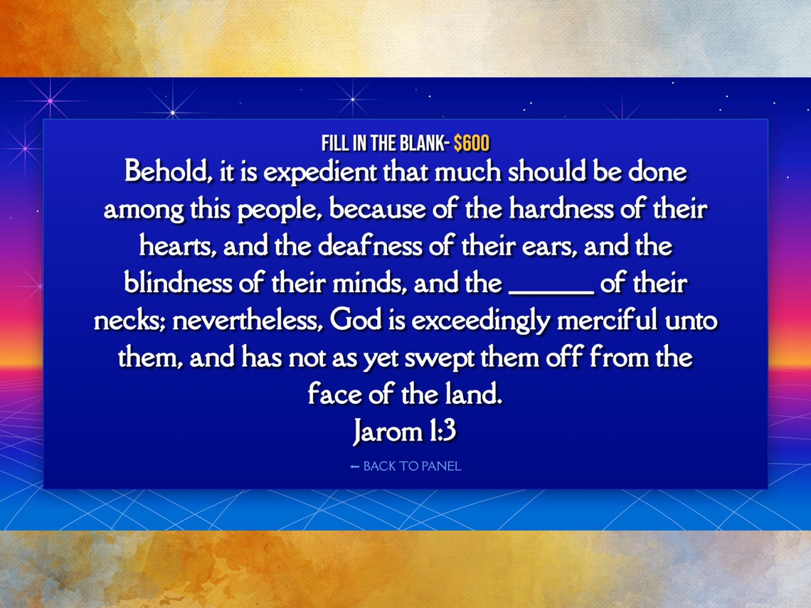 Book of Mormon Jeoparty Game-jacob, Enos, Jarom, Omni, Words of Mormon ...