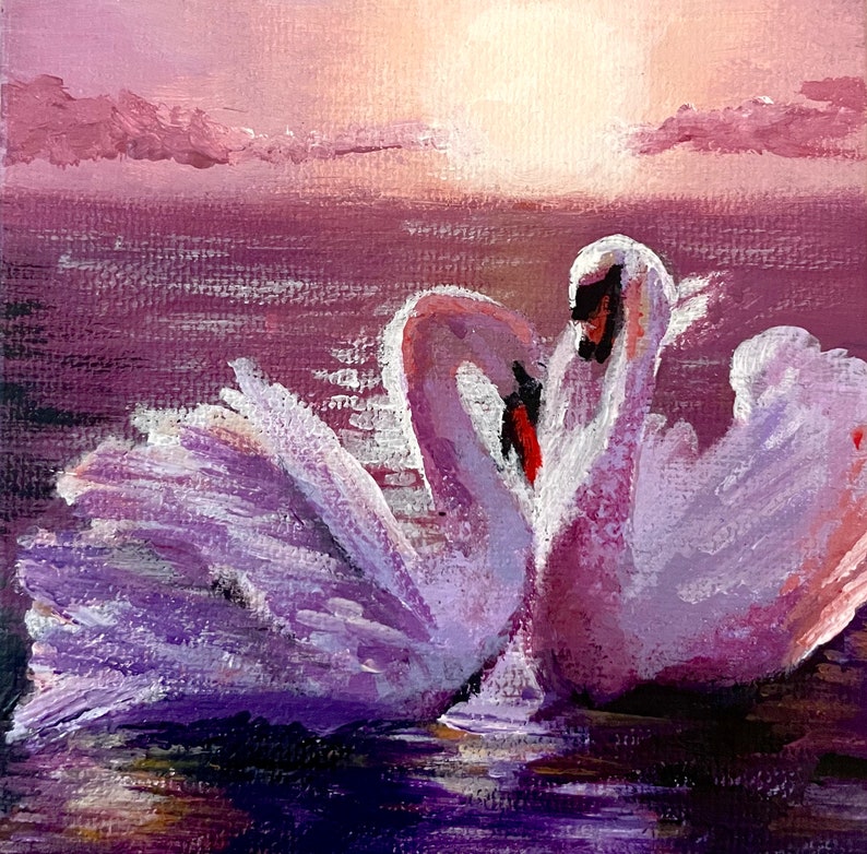 Swan Art | Wildlife Art | Swan Lake | Romantic Painting | 4x4" Mini ...
