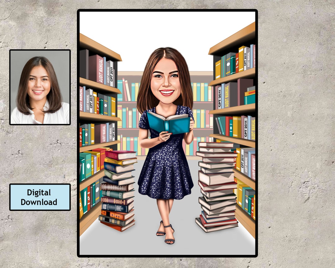 Custom Librarian Caricature Gift: Book Lover Portrait (digital Download ...