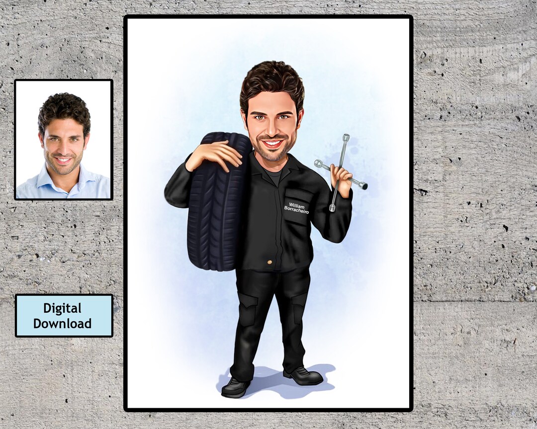 Tire Technician Gift Cartoon Portrait, Tire Tech Caricature, Gift for ...