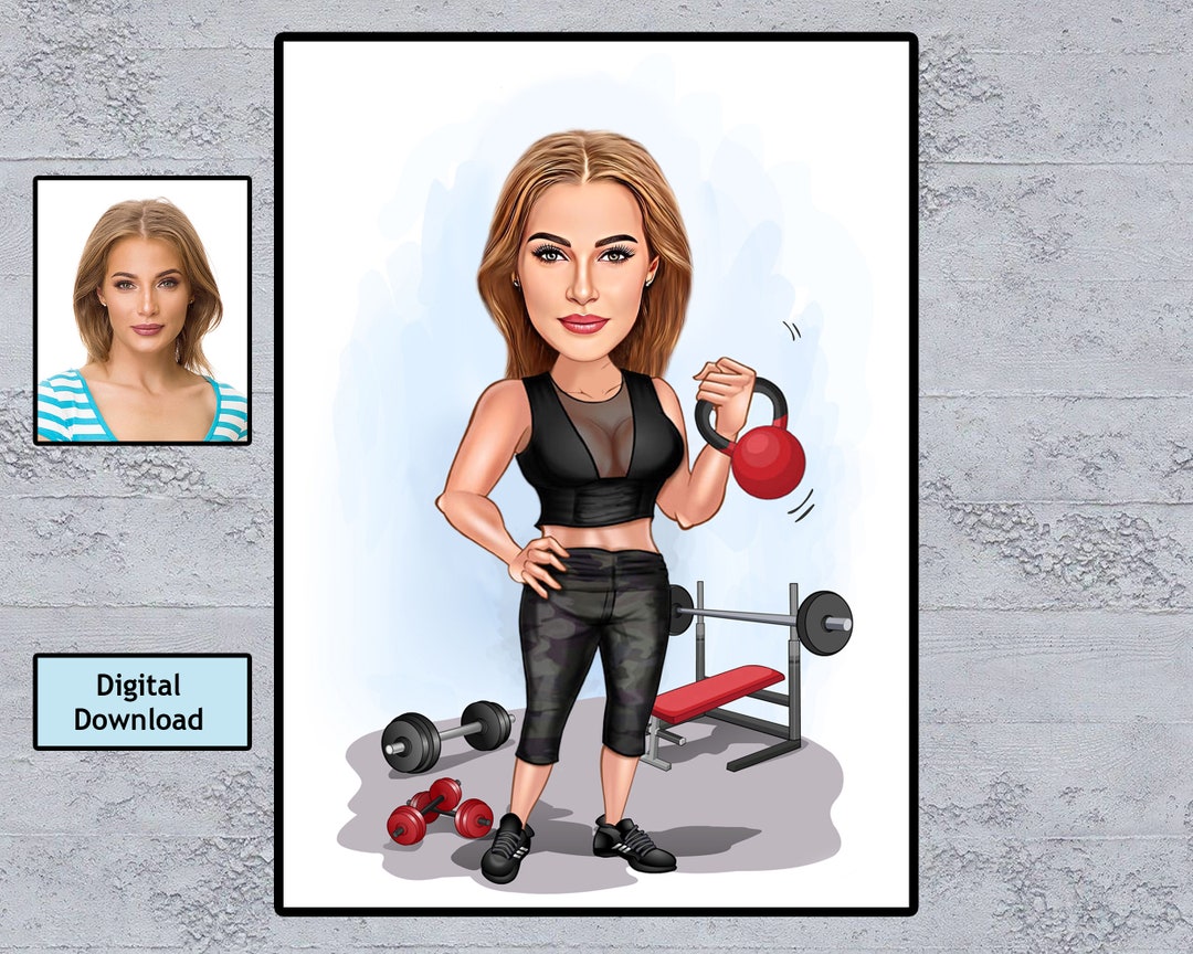Custom Woman Fitness Cartoon Portrait, Fitness Caricature, Gift for Gym ...
