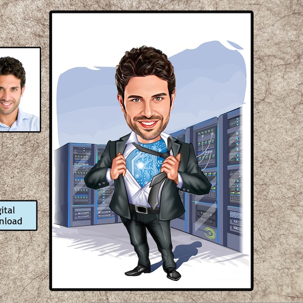 Custom Computer Engineer Caricature Personalized It Manager Cartoon Portrait Etsy