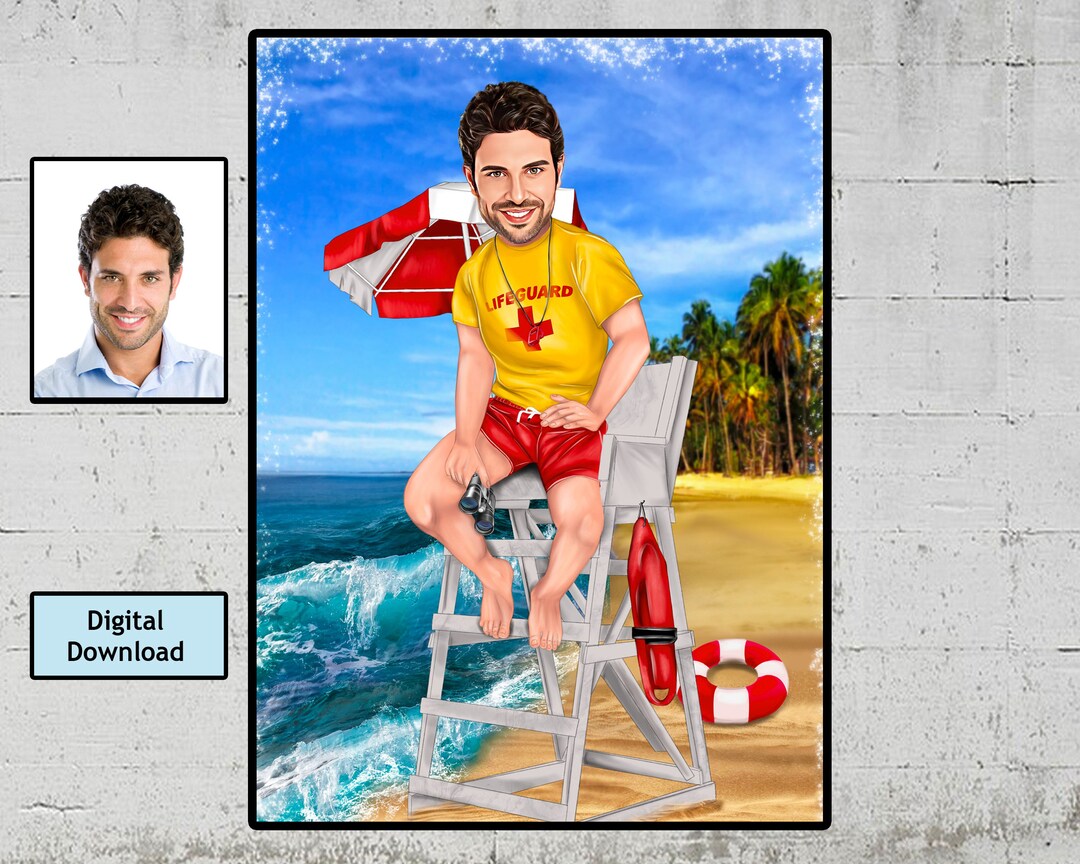 Lifeguard Cartoon Caricature Gift: Unique Beach Keepsake (digital ...