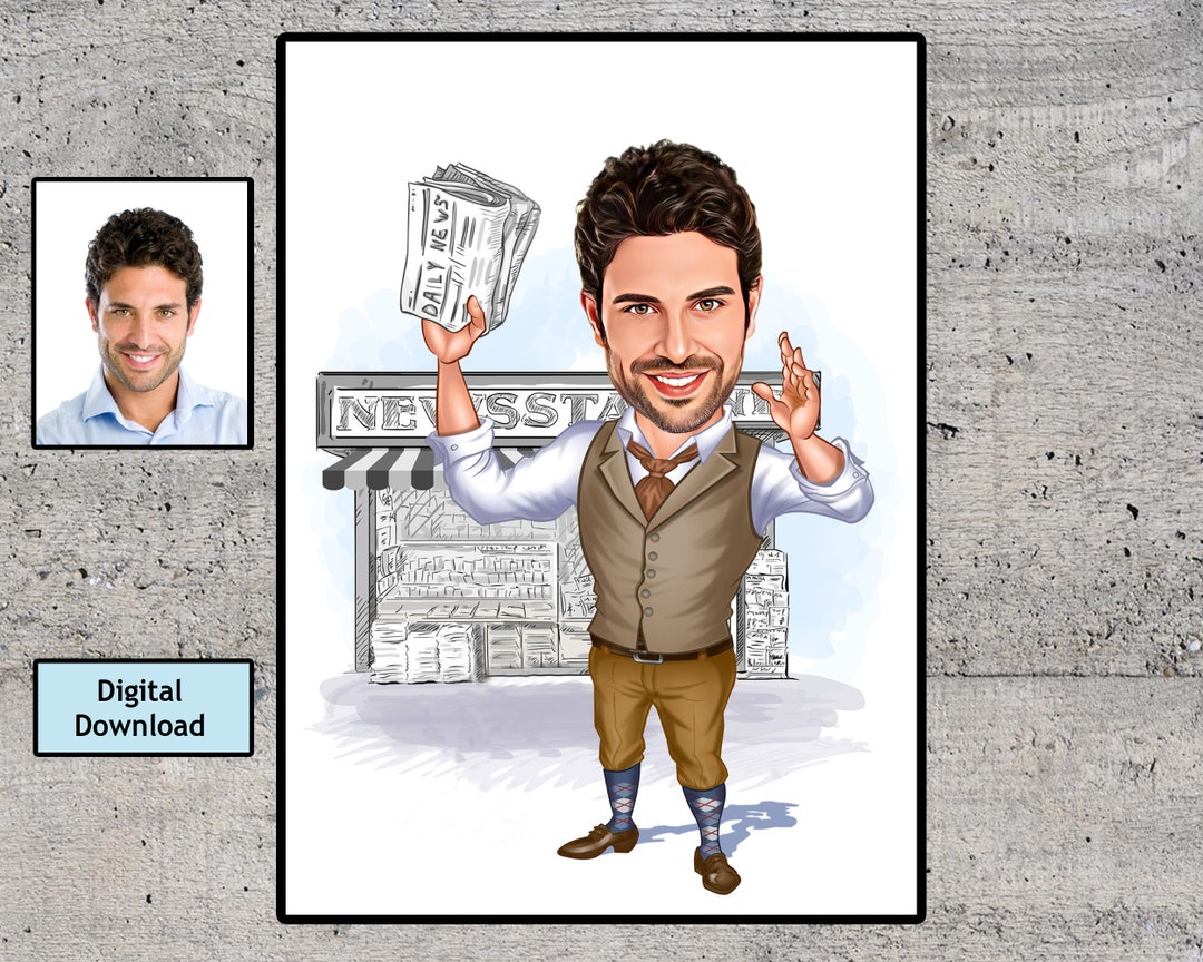 Custom Journalist Caricature Portrait: Personalized Reporter Gift ...