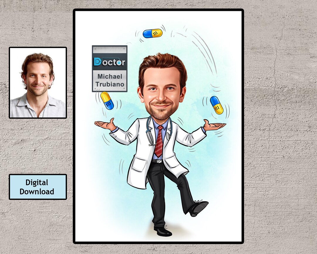 Custom Male Doctor Cartoon Portrait, Doctor Portrait, Doctor Caricature ...