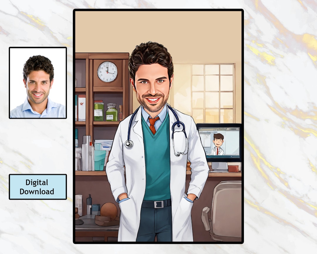 Custom Male Doctor Cartoon Portrait: Unique Doctor Gift (digital ...