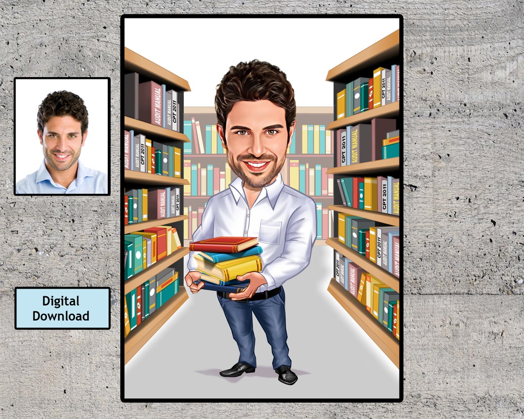 Custom Librarian Caricature Gift: Book Lover Portrait (digital Download ...