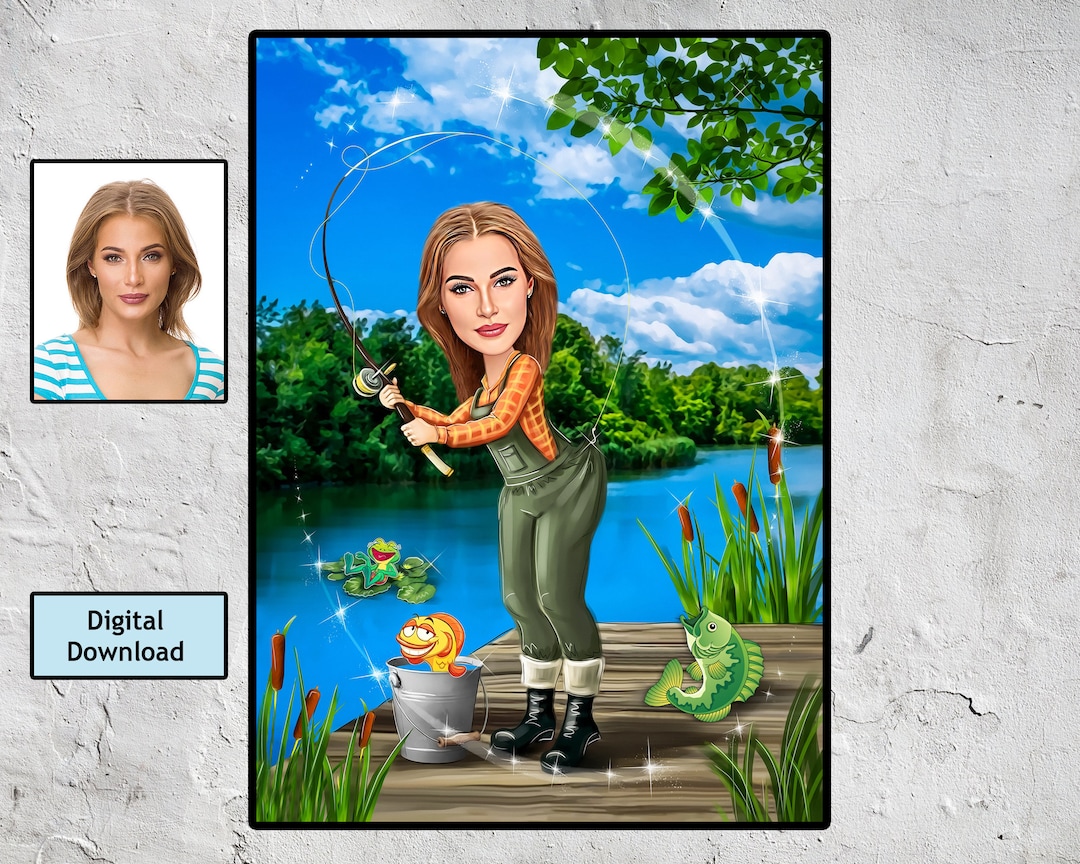 Custom Fishing Caricature Gift: Female Fisherman Cartoon (digital ...